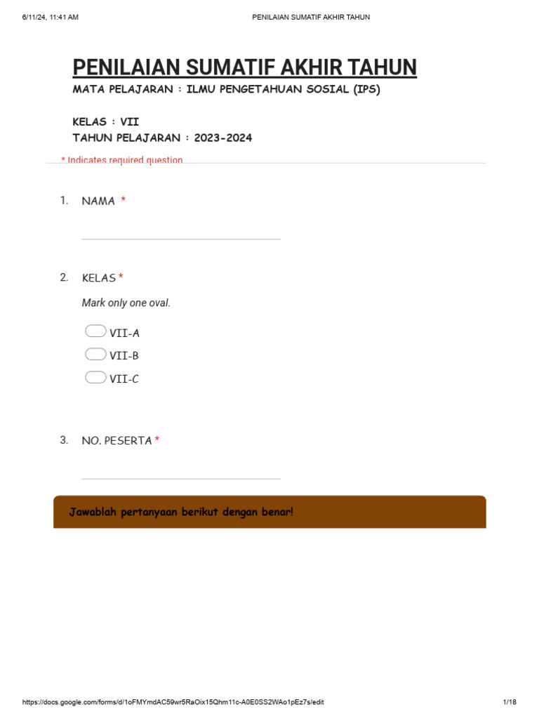 Soal Psat Kelas Vii Ips 2024.PDF - Google Forms | PDF