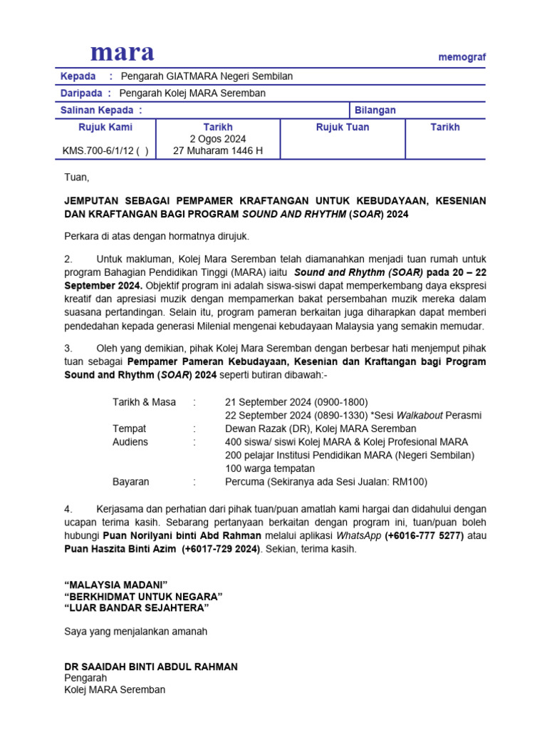 Jemputan Pempamer Giat Mara Negeri Sembilan Memo Soar | PDF