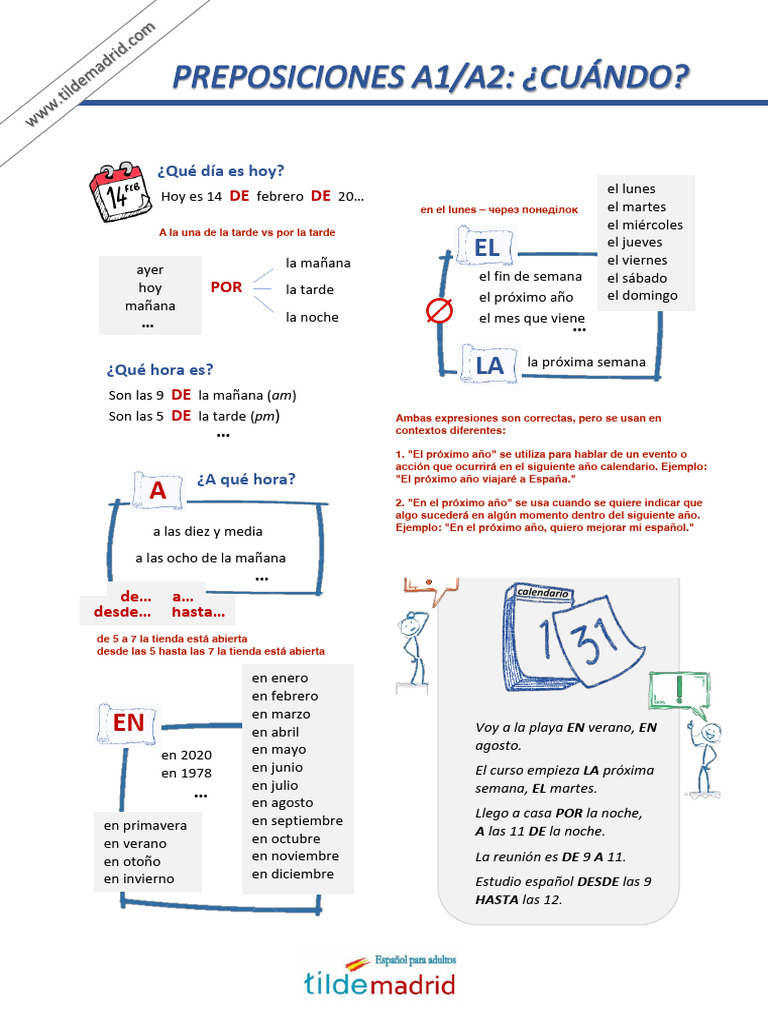 Teoria PREPOSICIONES A1 Y A2 CUANDO | PDF