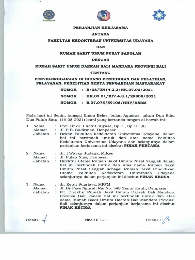 PKS Antara FK Univ Udayana Dan RSUP DGN RSUD Bali Mandara Prov Bali TTG Penyelenggaraan Di ...