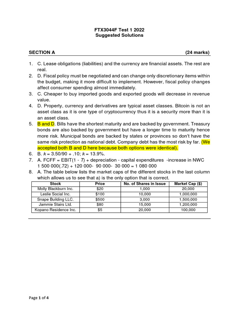 2022 FTX3044F Test 1 Solutions | PDF | Interest | Bonds (Finance)