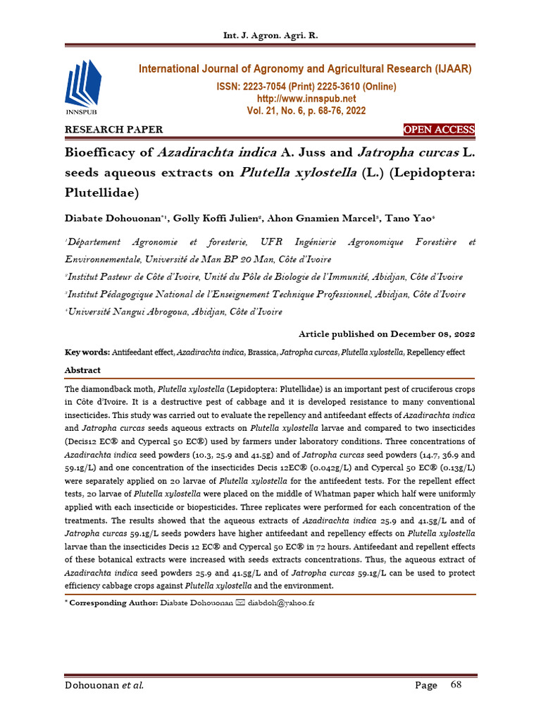 Bioefficacy of Azadirachta Indica A. Juss and Jatropha Curcas L. Seeds ...