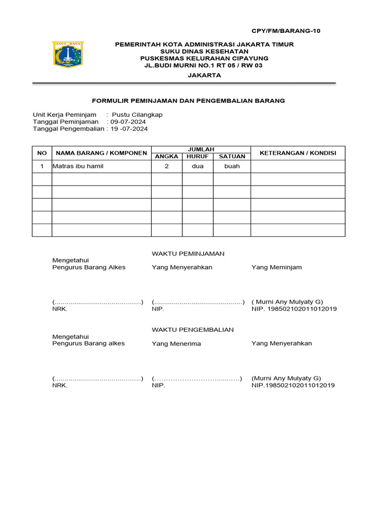 Form Peminjaman Dan Pengembalian Barang Murni | PDF | Hukum