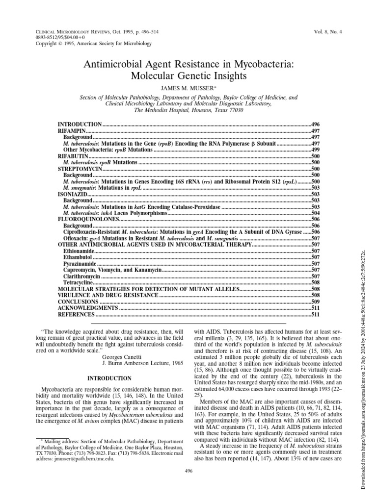 Musser 1995 Antimicrobial Agent Resistance in Mycobacteria Molecular Genetic Insights | PDF ...