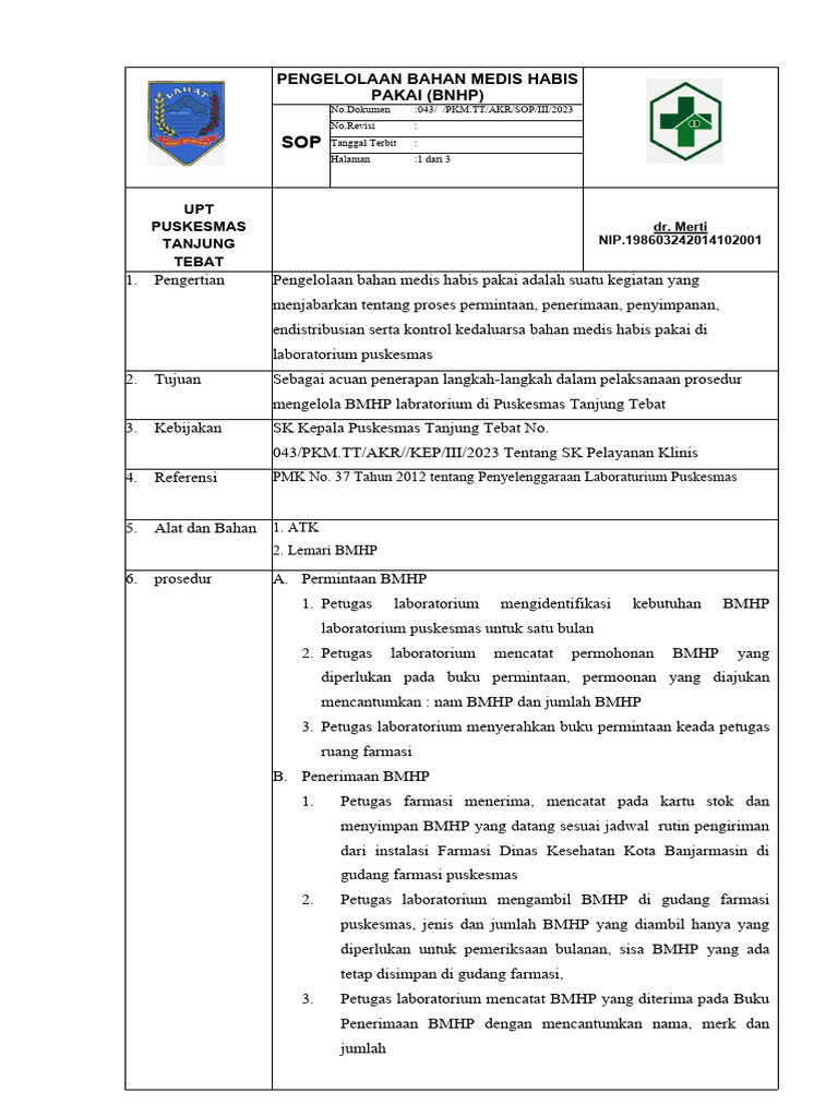 Sop Baru Pengelolaan Bahan Medis Habis Pakai (BMHP) | PDF