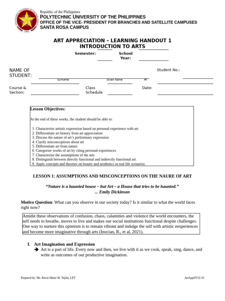 Art Appreciation Handout 1 2023 | PDF | Humanities | Creativity