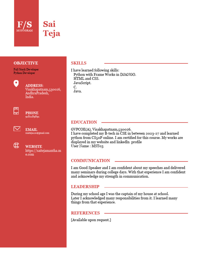 Full Stack Developer Resume of Sai Teja | PDF | Career & Growth