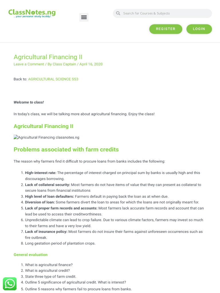 AgriculturalFinancingII ClassNotes - NG 1723444951209 | PDF | Loans ...