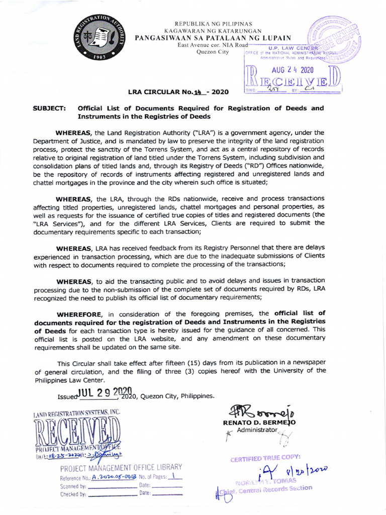 LRA Circular No 14-2020 - Official List of Documents Required For Registration of Deeds and ...