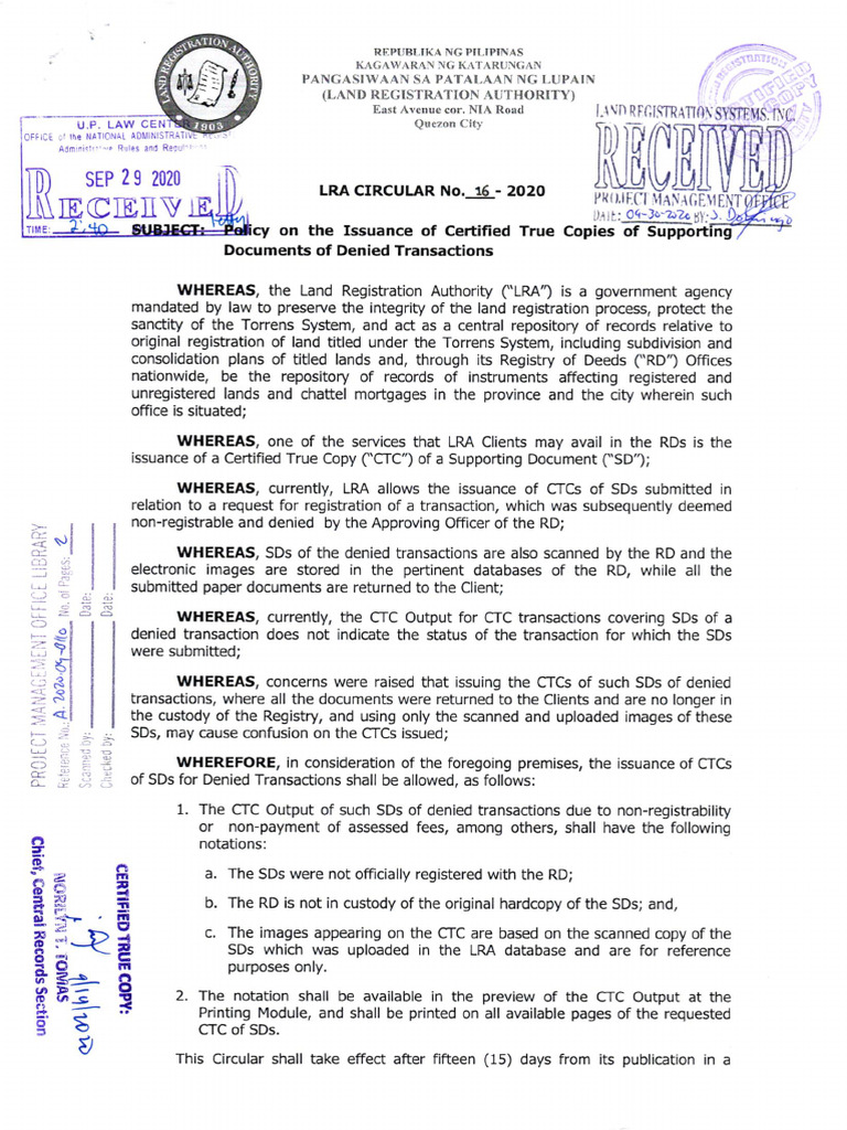LRA Circular No 16-2020 - Policy On The Issuance of Certified True ...