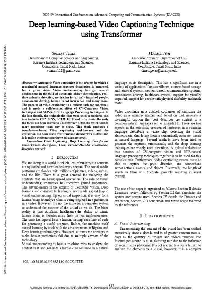 Deep Learning-Based Video Captioning Technique Using Transformer | PDF | Cognitive Science ...