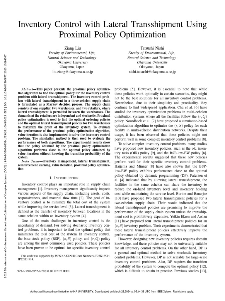 Inventory Control With Lateral Transshipment Using Proximal Policy ...