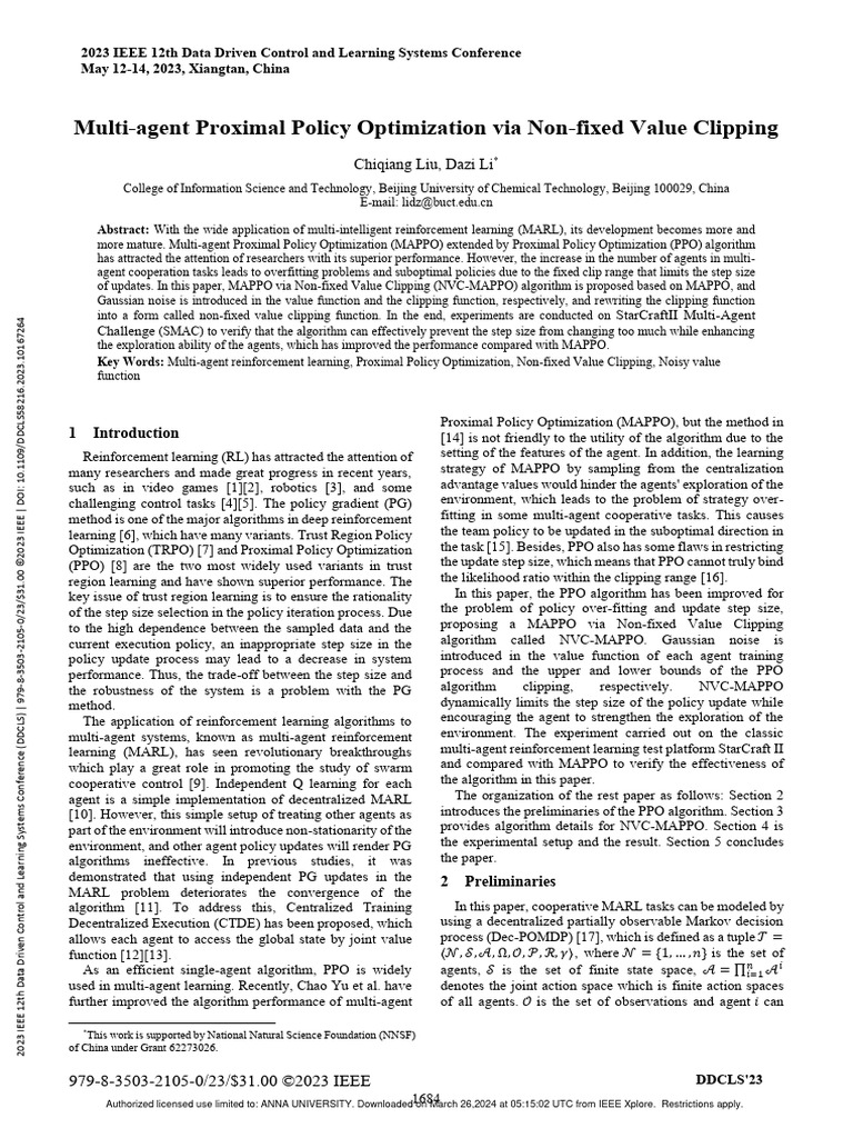 Multi-Agent Proximal Policy Optimization Via Non-Fixed Value Clipping | PDF | Applied ...