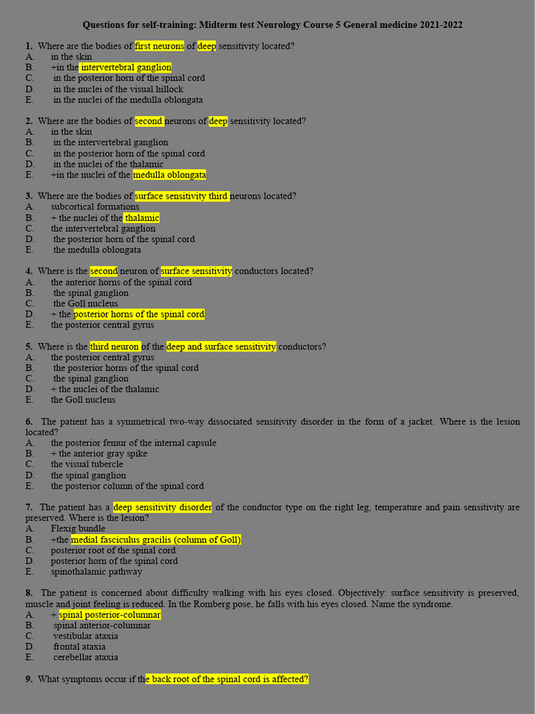 Test Questions With Answersghgj | PDF | Spinal Cord | Parietal Lobe