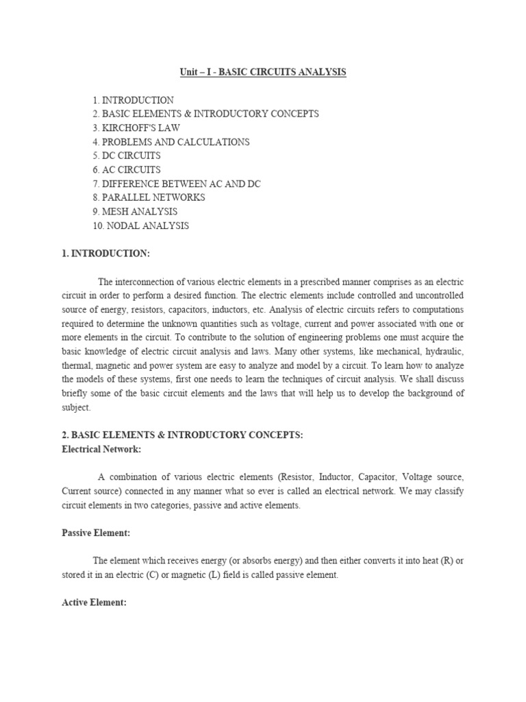 Basic Circuits Analysis Unit 1 Notes Pdf Direct Current