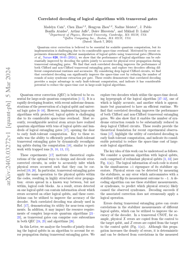 Correlated Decoding of Logical Algorithms With Transversal Gates | PDF ...