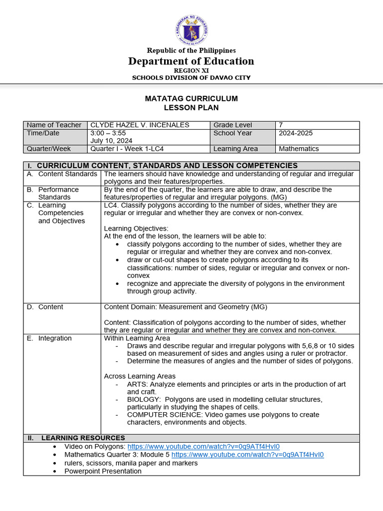 G7-MATH-MATATAG-LESSON-PLAN Quarter 1 | PDF | Polygon | Rectangle