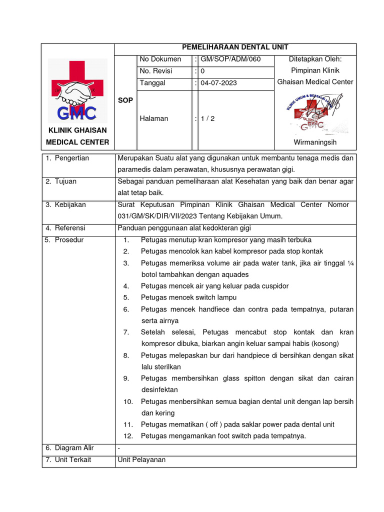 Sop Pemeliharaan Dental Unit | PDF | Griya & Taman