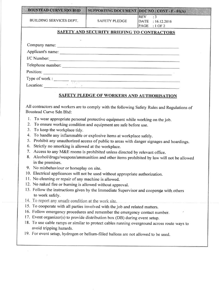 Safety Briefing Form Sample Pdf