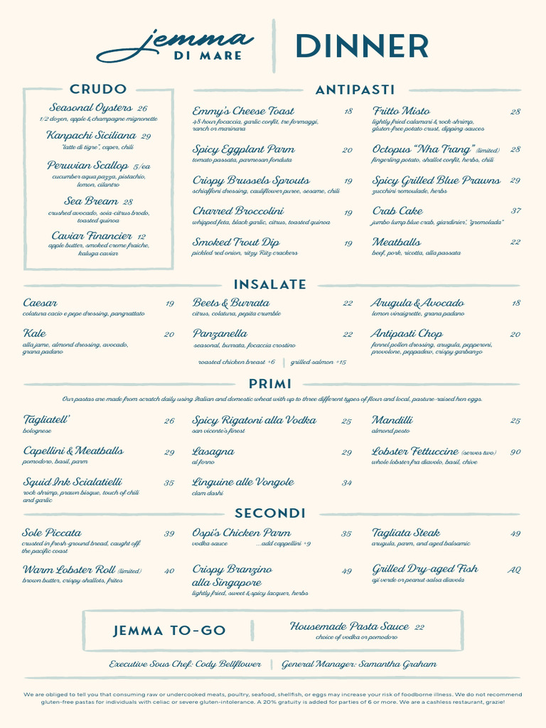 07 09 24 Jemma Di Mare Dinner Menu PDF 2 | PDF | Pasta | Rose
