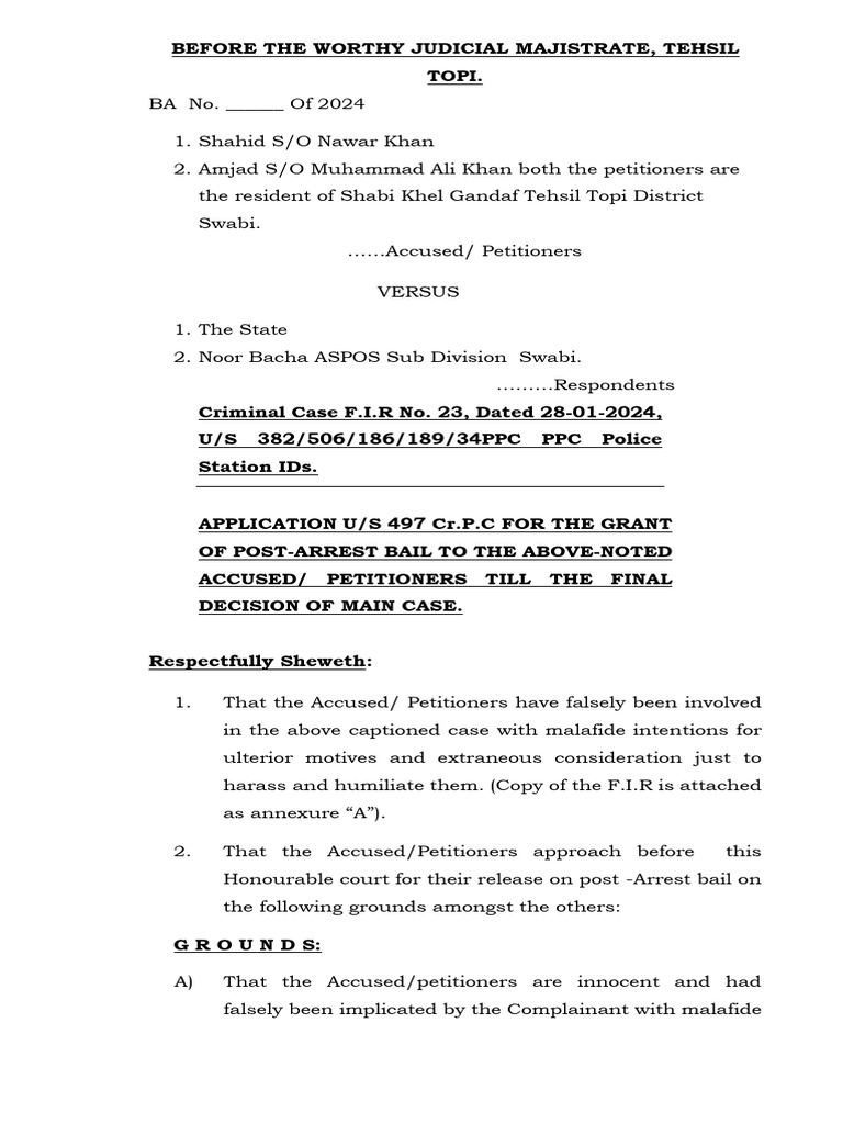 Post-Arrest Bail Application 2024 | PDF | Bail | Crime & Violence