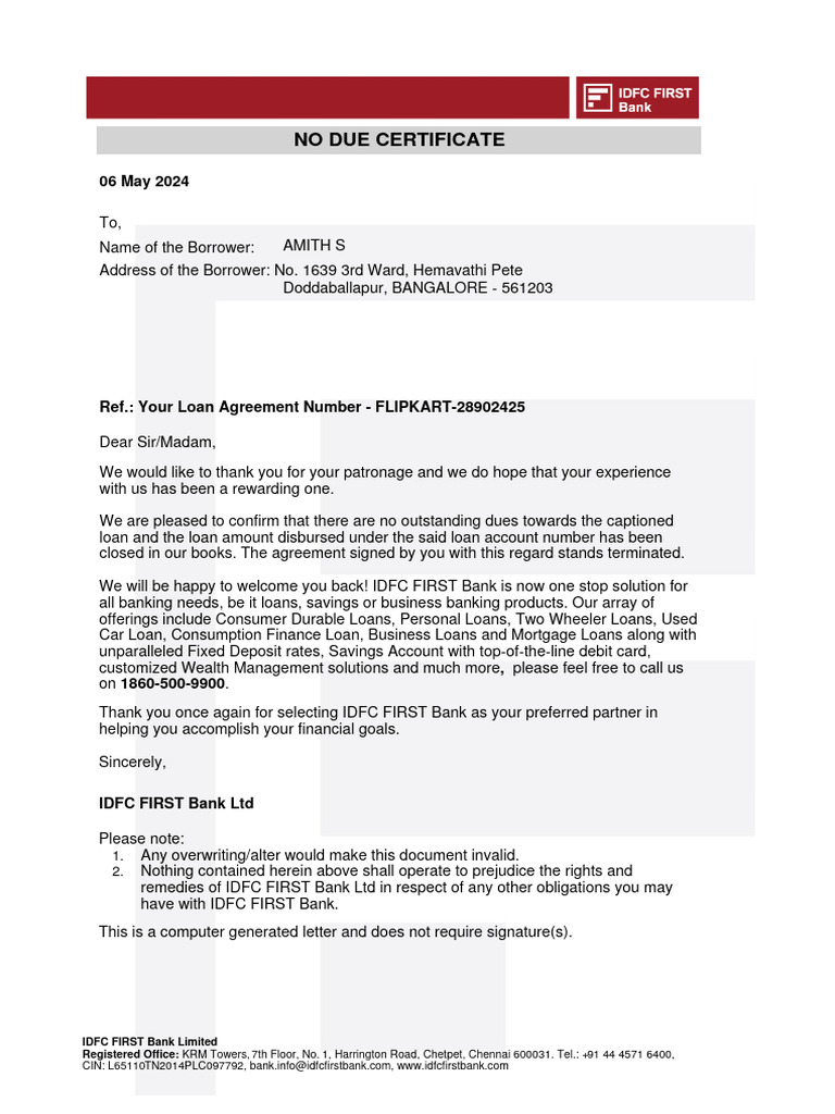 Flipkart 28902425 Idfc Noc | PDF