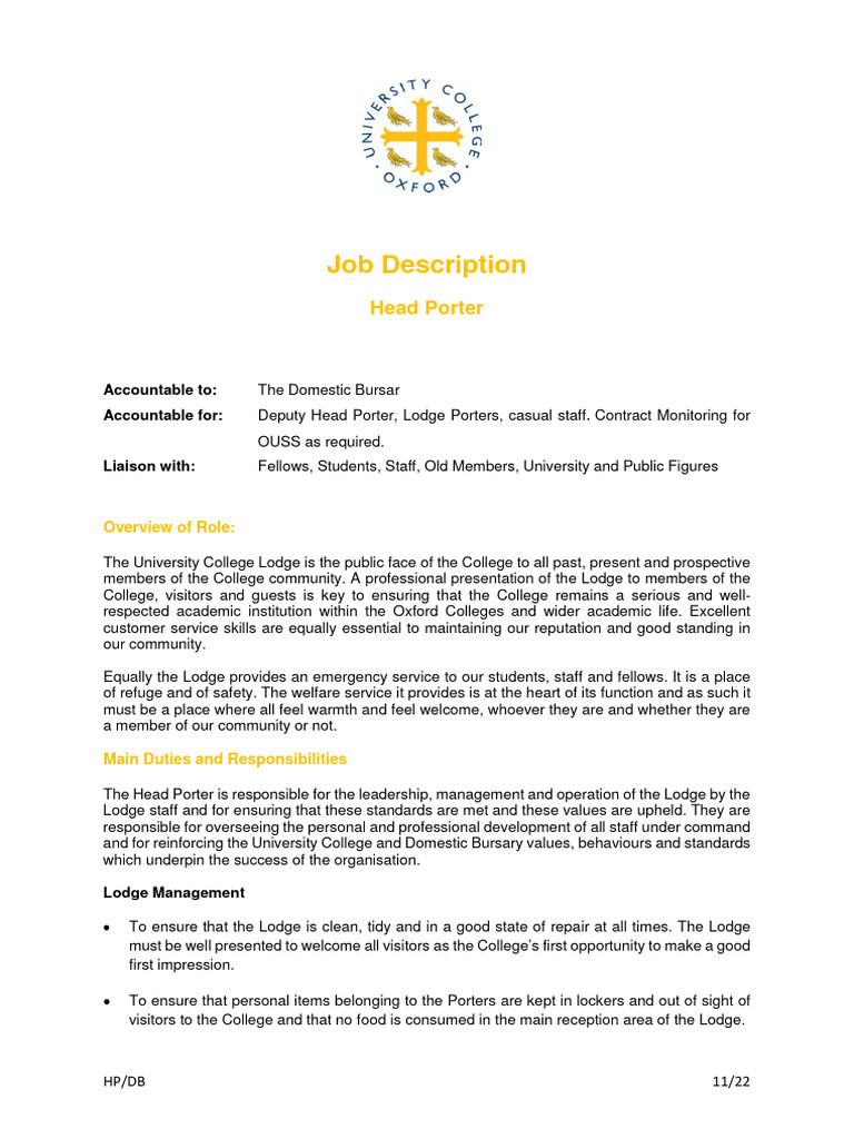 Head Porter Job Description at University College | PDF | Emergency ...