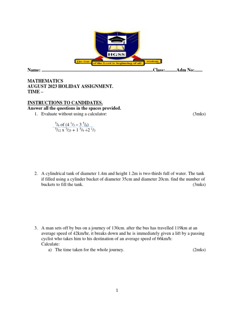 Math F2 August 2023 Holiday Assignment | PDF | Area | Triangle