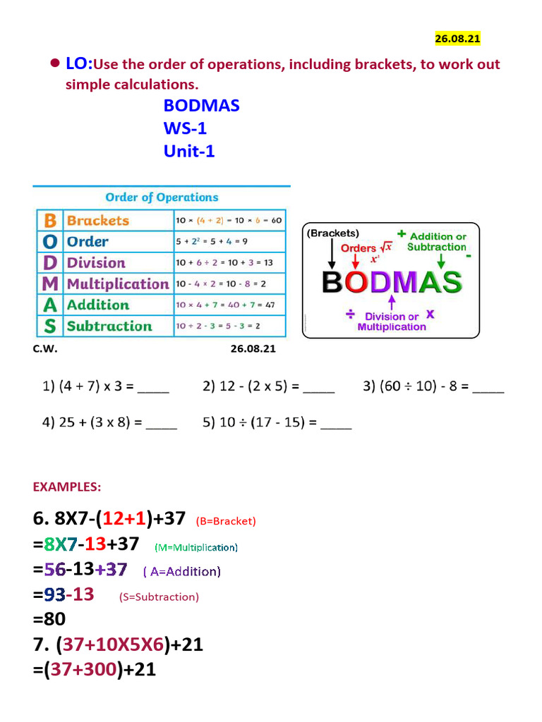 WS CL6 MTH Unit1 BODMAS | PDF