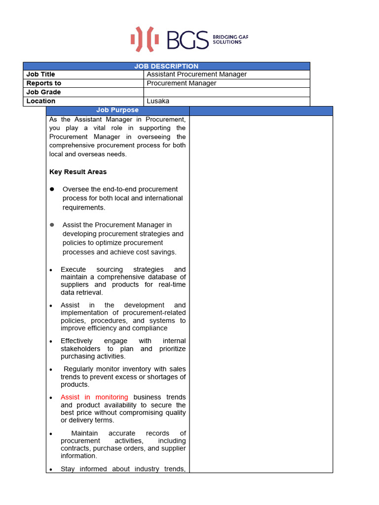Assistant Procurement Manager Role | PDF | Procurement | Supply Chain