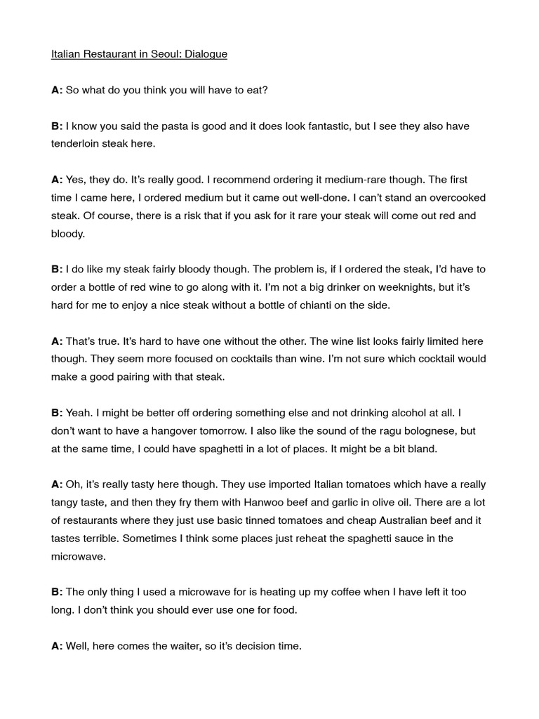 Italian Restaurant Dialogue | PDF | Cooking, Food & Wine