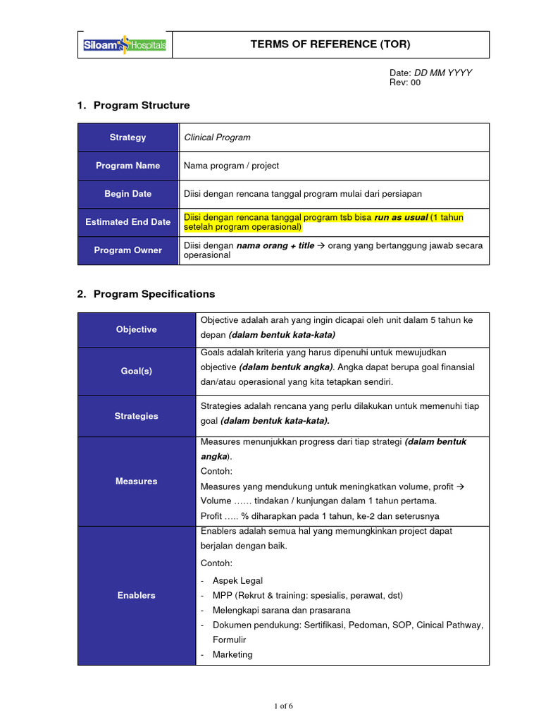 Clinical Program-TOR Template-Dr - Grace | PDF | Bisnis