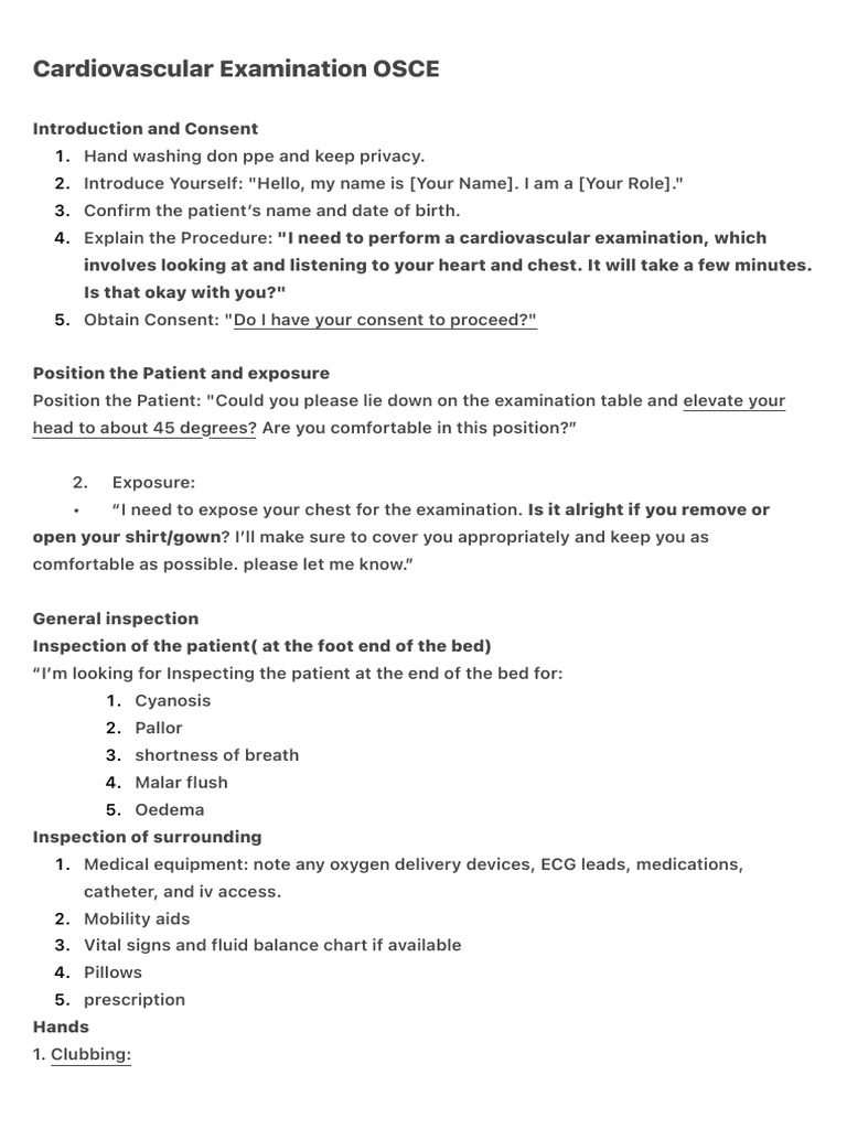 Cardiovascular Examination OSCE | PDF | Heart | Edema
