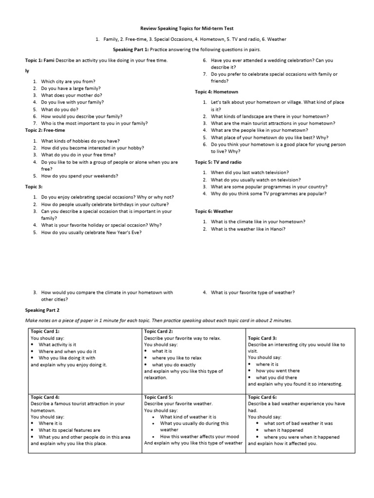 Speaking Review for Midterm_Part 1_Part 2 | PDF