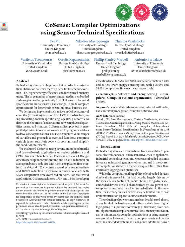 Cosense: Compiler Optimizations Using Sensor Technical Specifications | PDF | Program ...