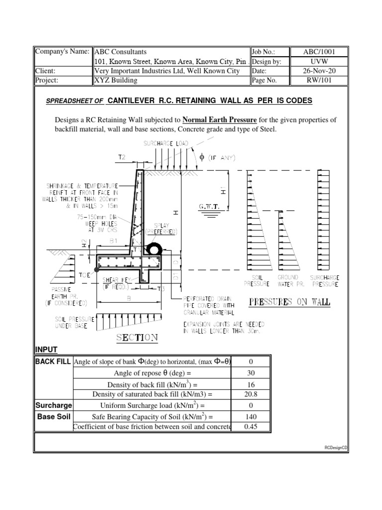 RC Retaining Wall Design Calculations | PDF | Civil Engineering ...
