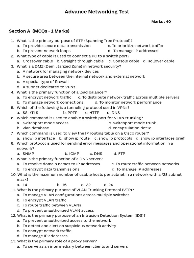 Advanced Networking Test Questions | PDF | Computer Network | Ip Address