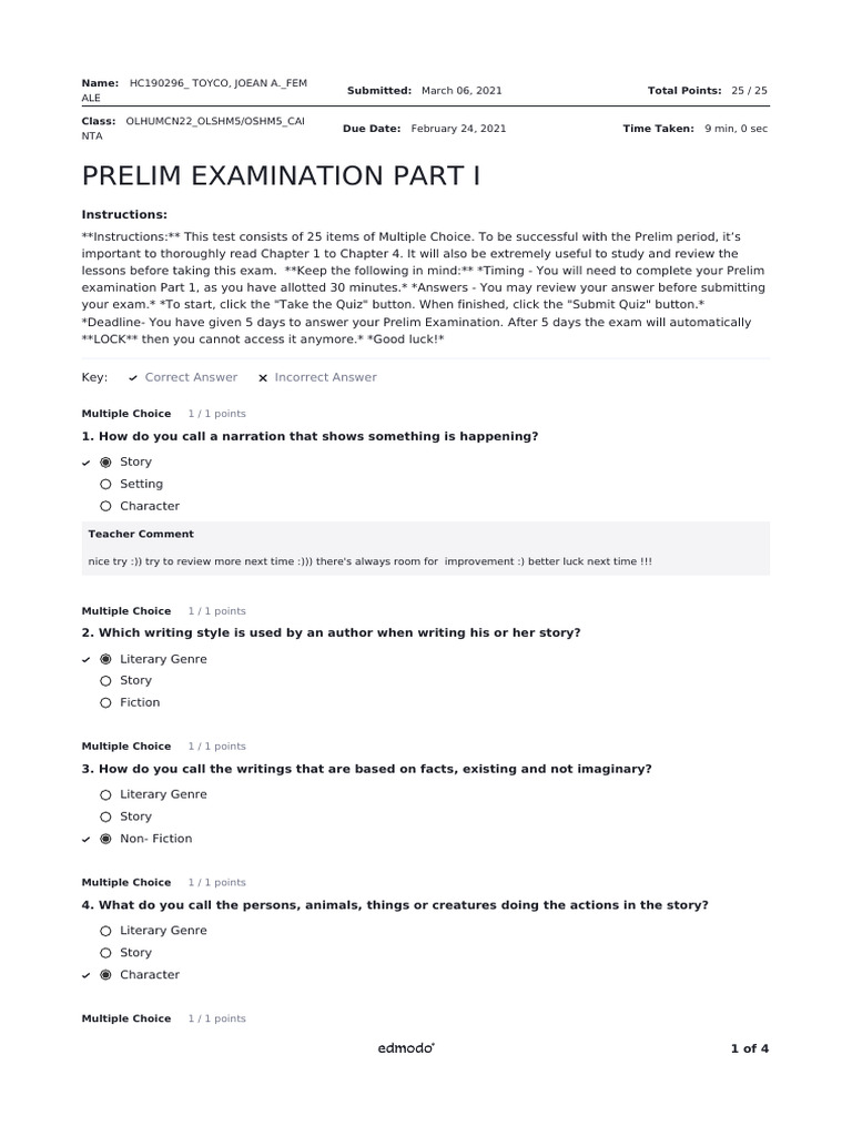 Prelim Examination Part I Pdf Genre Plot Narrative