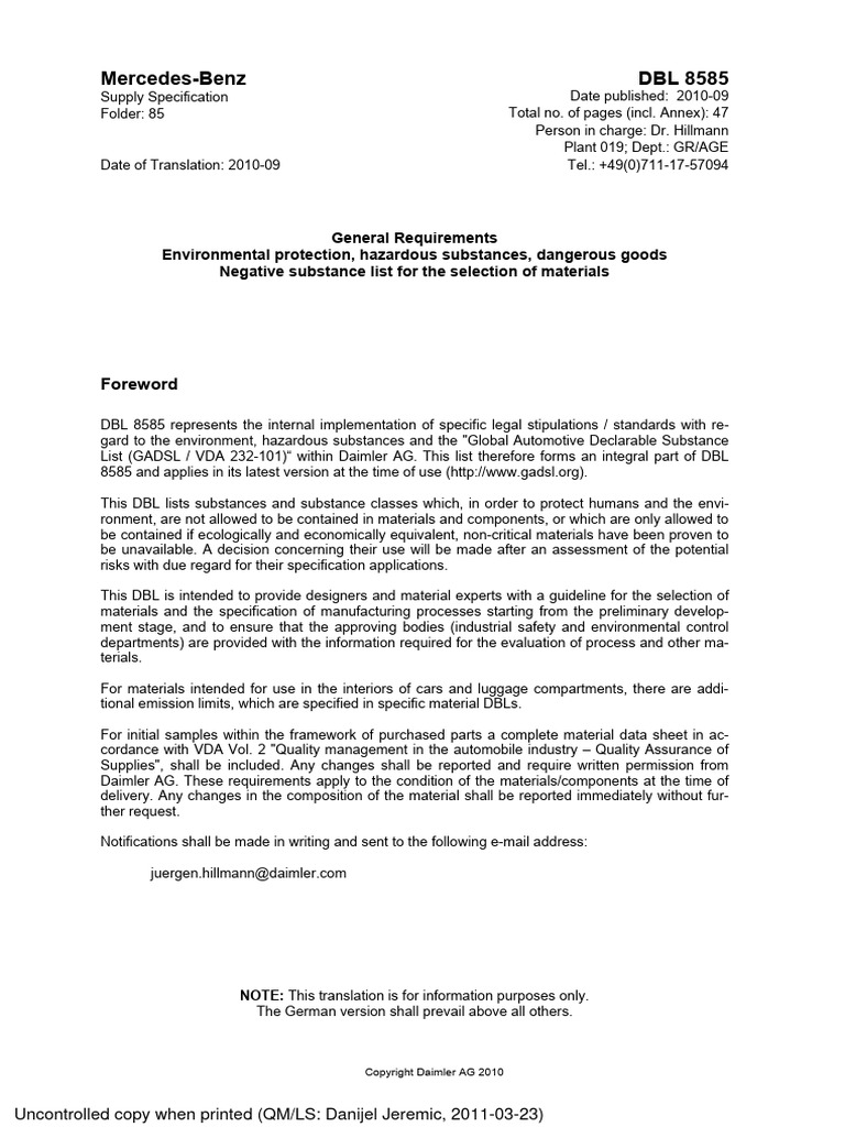 DBL 8585 Supply Specification Overview | PDF | Dangerous Goods