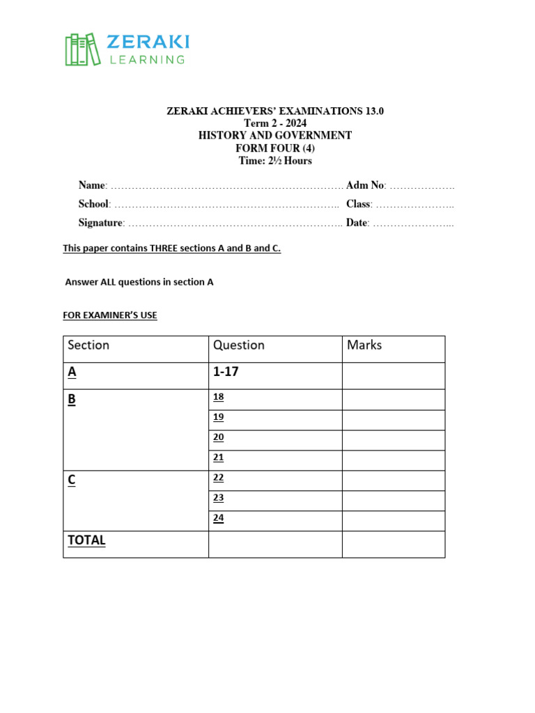 History - Paper 1 - Question Paper | PDF | Kenya