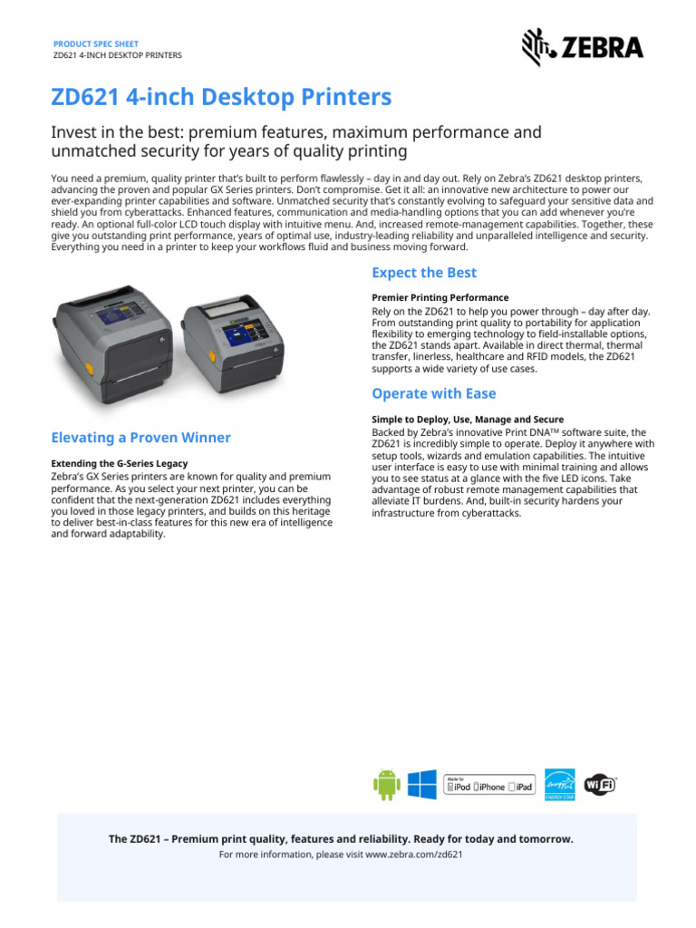 zd621 Series Spec Sheet en Us | PDF | Printer (Computing) | Usb