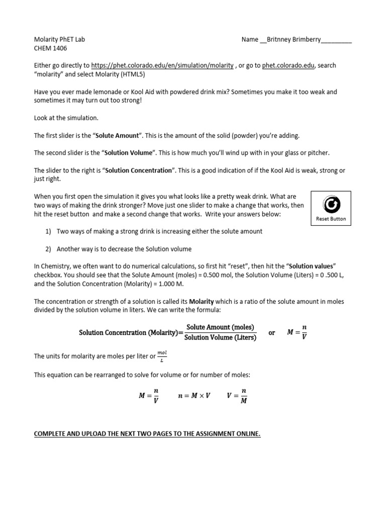 Molarity PhET Lab | PDF | Molar Concentration | Mole (Unit)