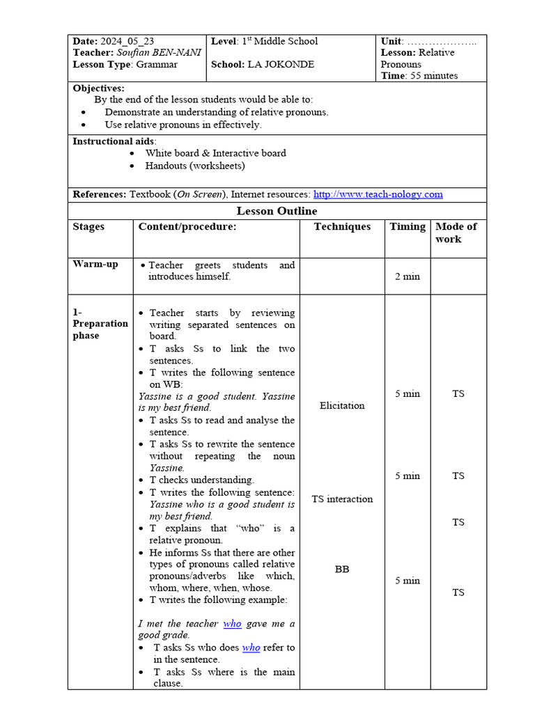 LESSON PLAN Relative Pronouns | PDF | Pronoun | Linguistic Morphology