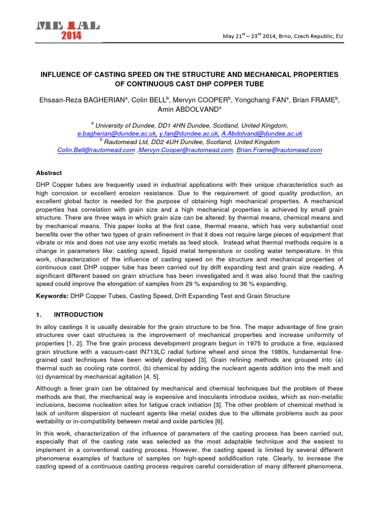Influence of Casting Speed On The Structure and Mechanical Properties of Continuous Cast DHP ...
