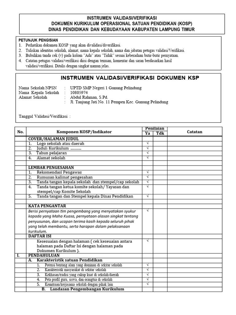 INSTRUMEN Validasi KOSP 2024 - 2025 | PDF