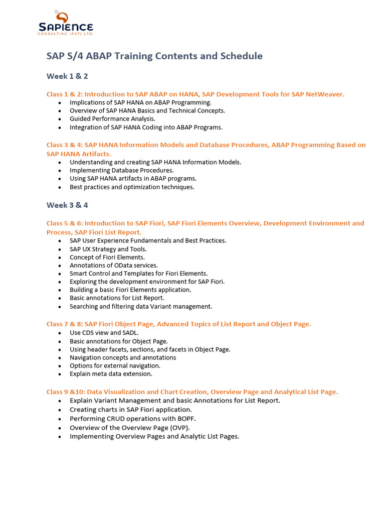 SAP S4 Hana ABAP Training Contents and Schedule | PDF | Mobile App | Application Software