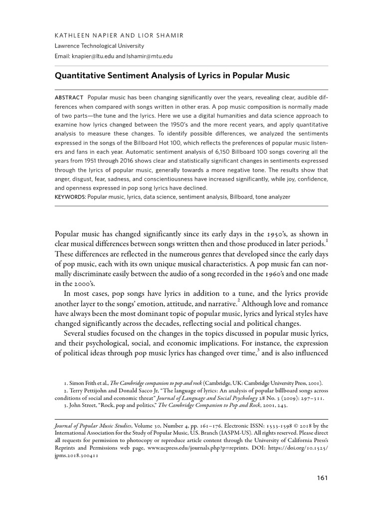 Quantitative Sentiment Analysis of Lyrics in Popular Music | PDF | Linear Regression