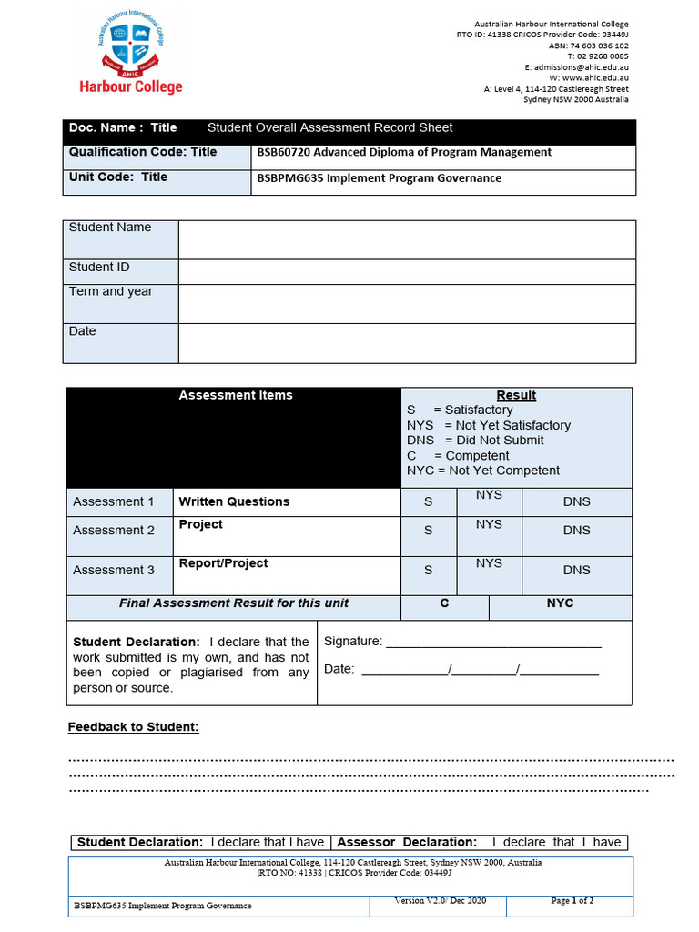Student Assessment Record - BSBPMG635 | PDF