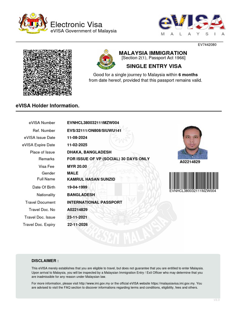 Malaysia eVISA Certificate - KAMRUL HASAN - SUNZID | PDF