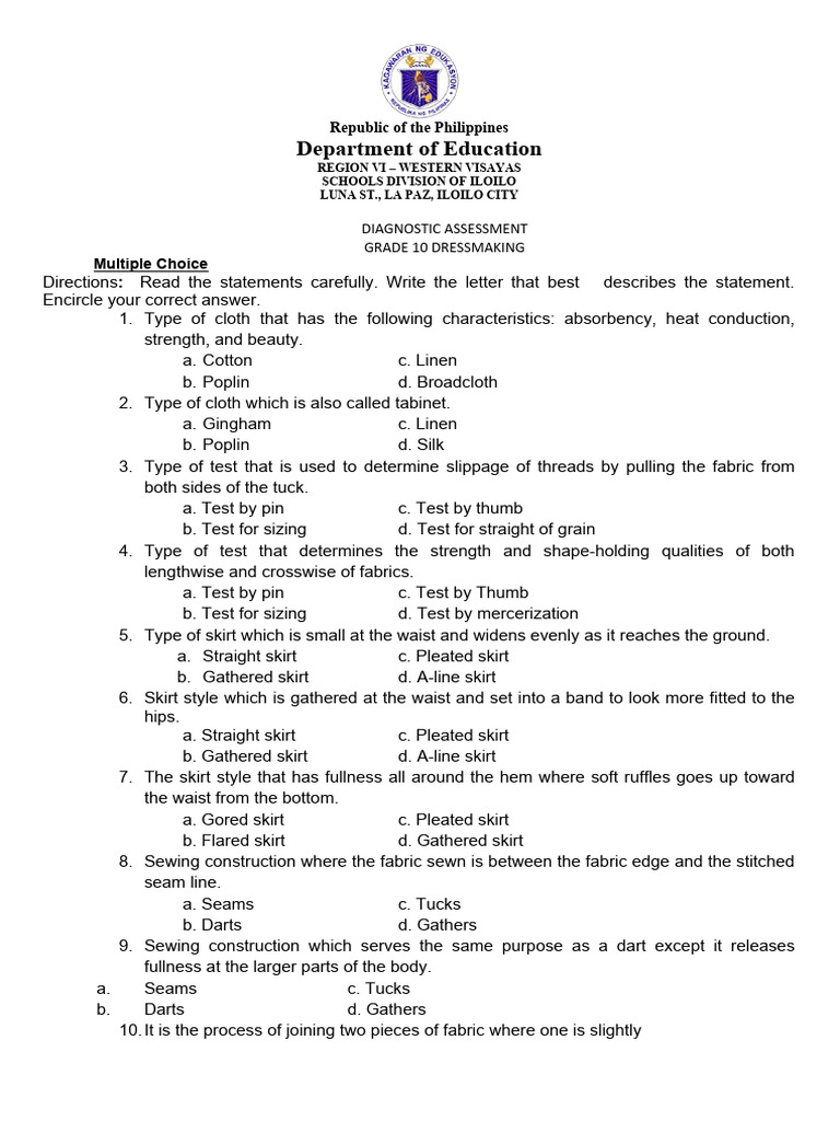 Diagnostic Assessment DM 10 | PDF | Seam (Sewing) | Sewing